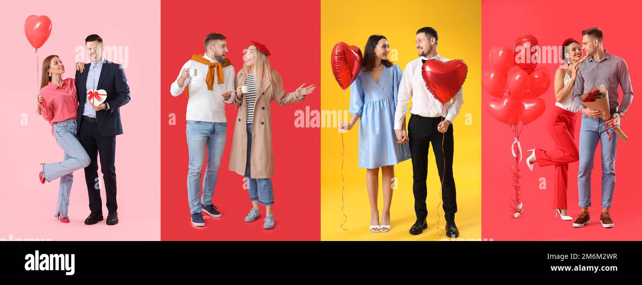 Collage with happy young couples in love on color background. Valentine ...