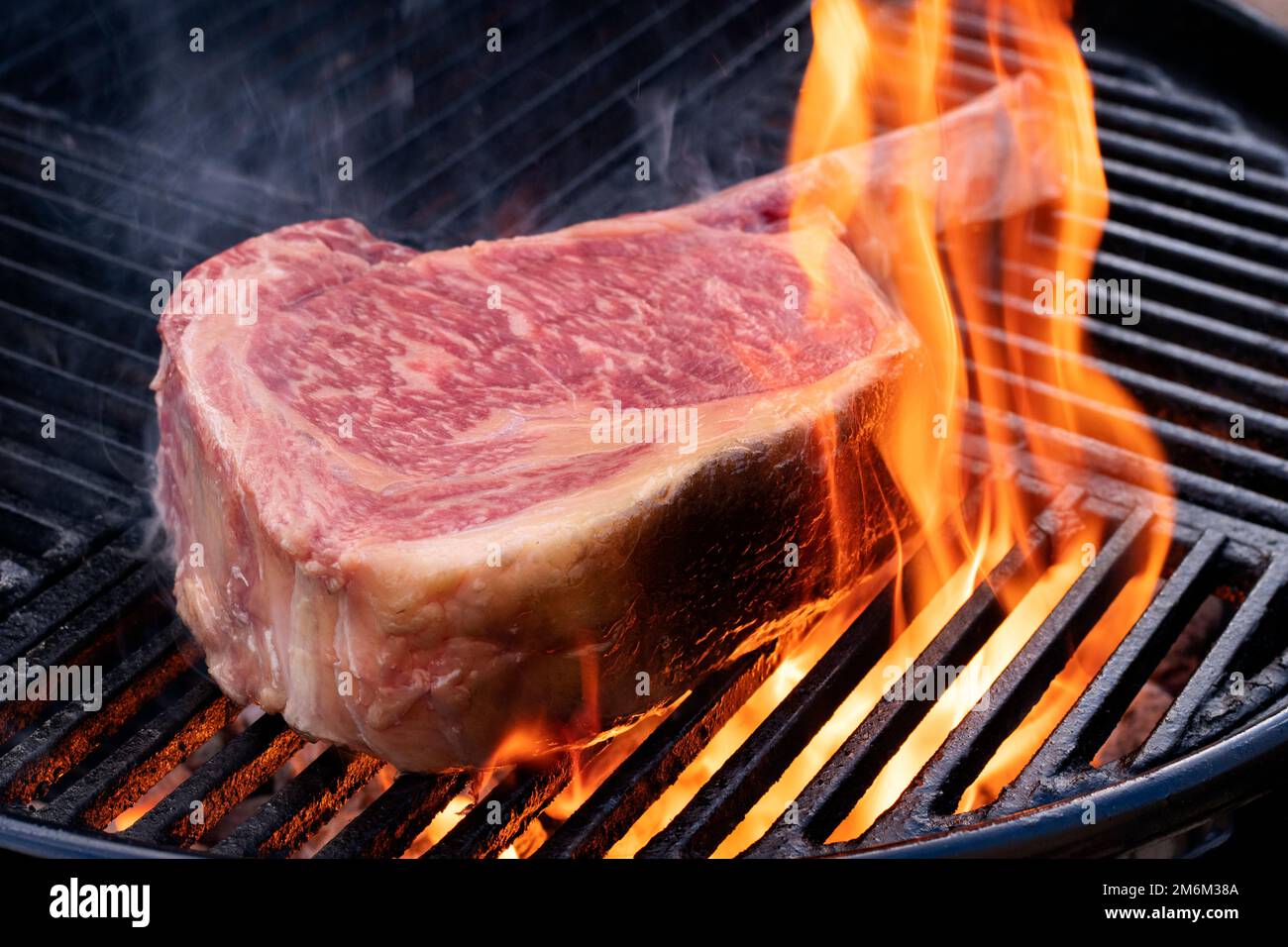 Raw dry aged Wagyu tomahawk steak offered as close-up on a charcoal ...