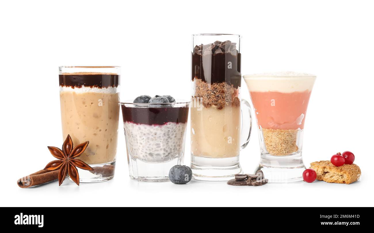 Shots of various delicious pudding isolated on white background Stock ...
