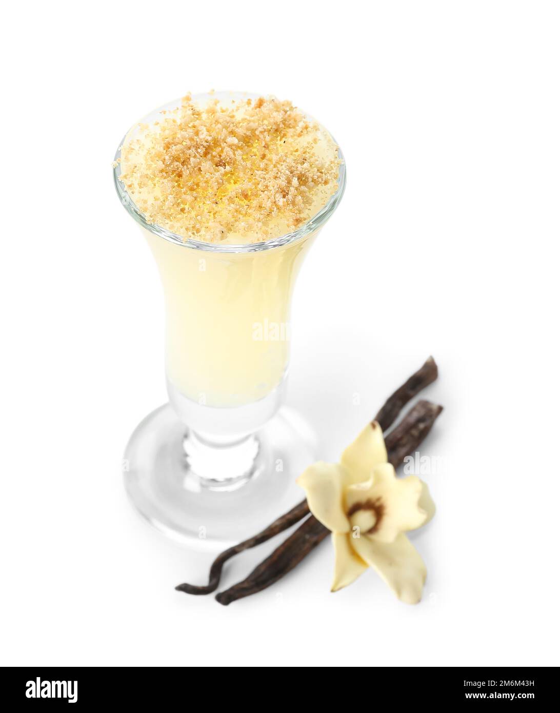 Shot of delicious pudding with vanilla sticks isolated on white ...
