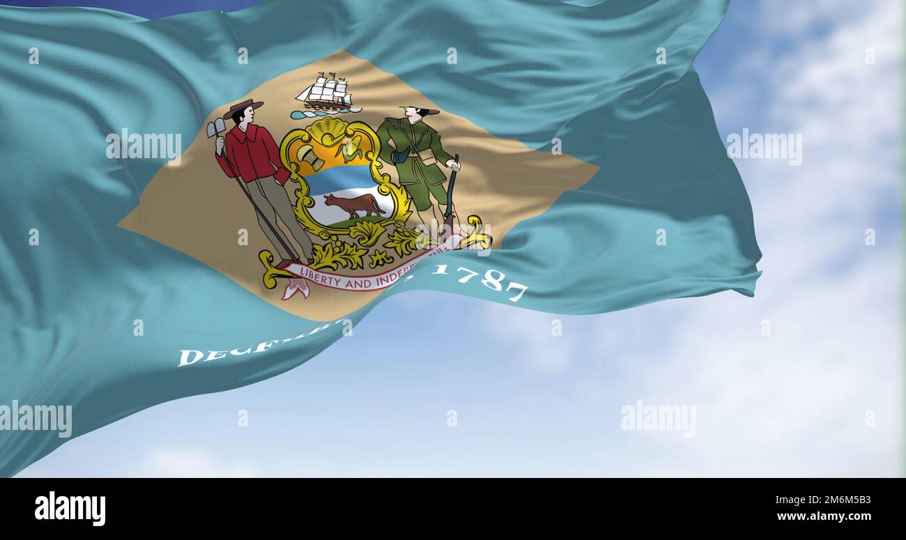 The state flag of Delaware waving in the wind on a clear day Stock ...