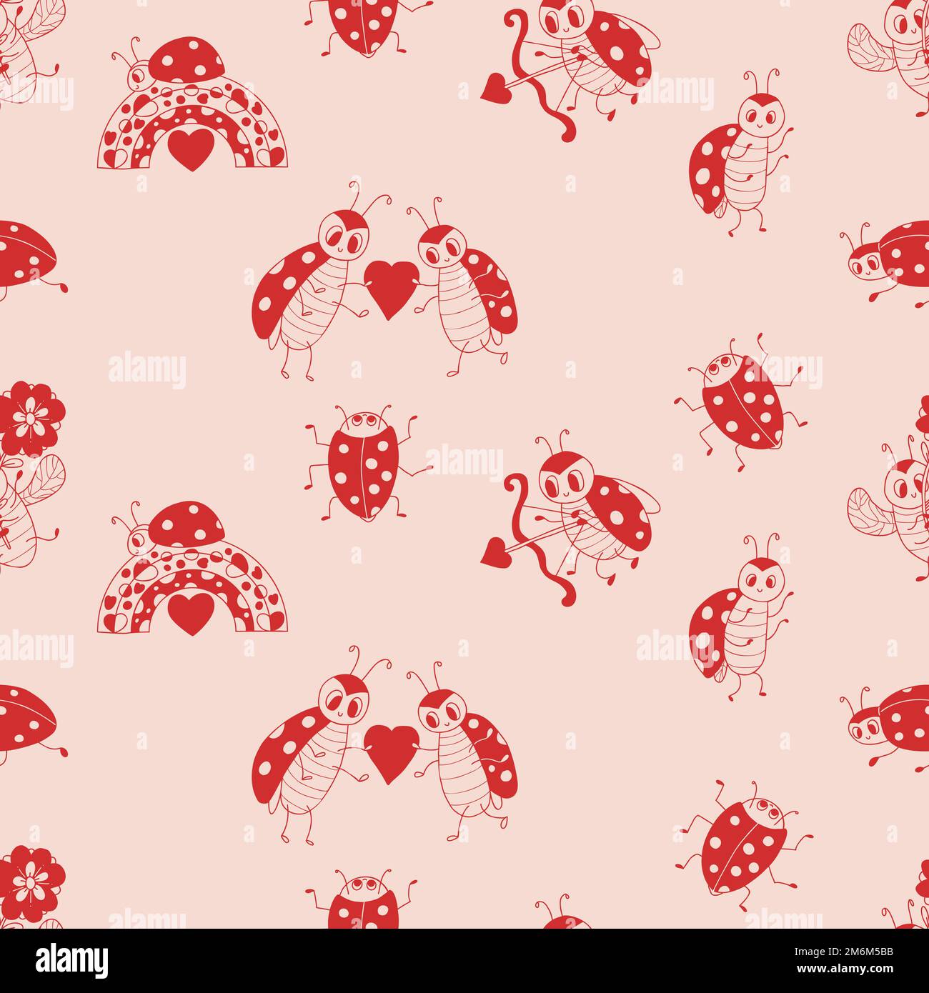 Seamless pattern with insects ladybugs on rainbow, with heart and arrow ...