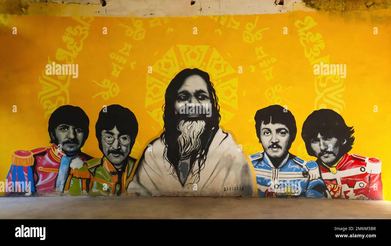 Painting of Beatles Pop Band Members and Maharishi spiritual Guru at ...