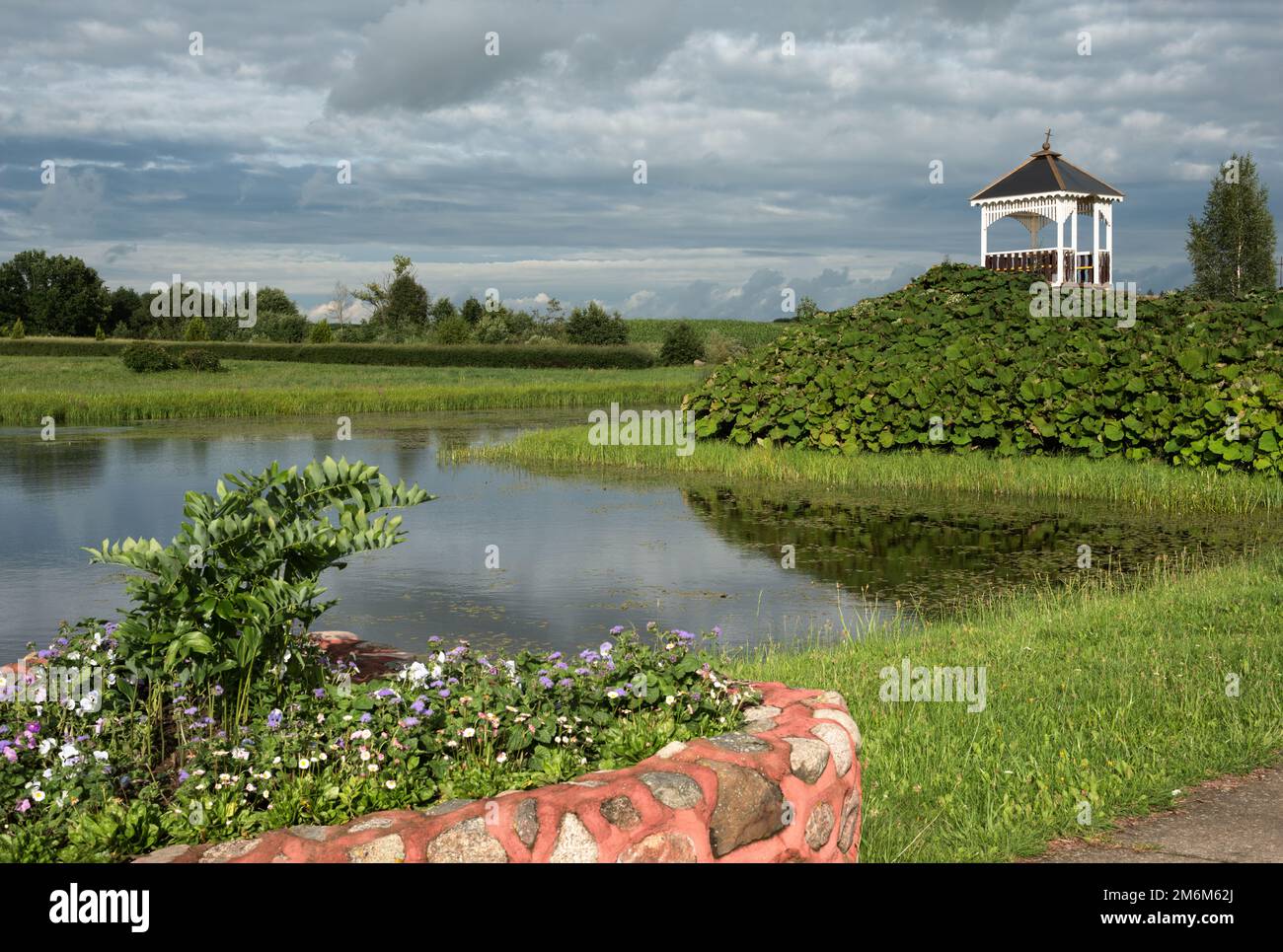 Park near catholic Church of St. Anne in the village of Mosar, Belarus ...