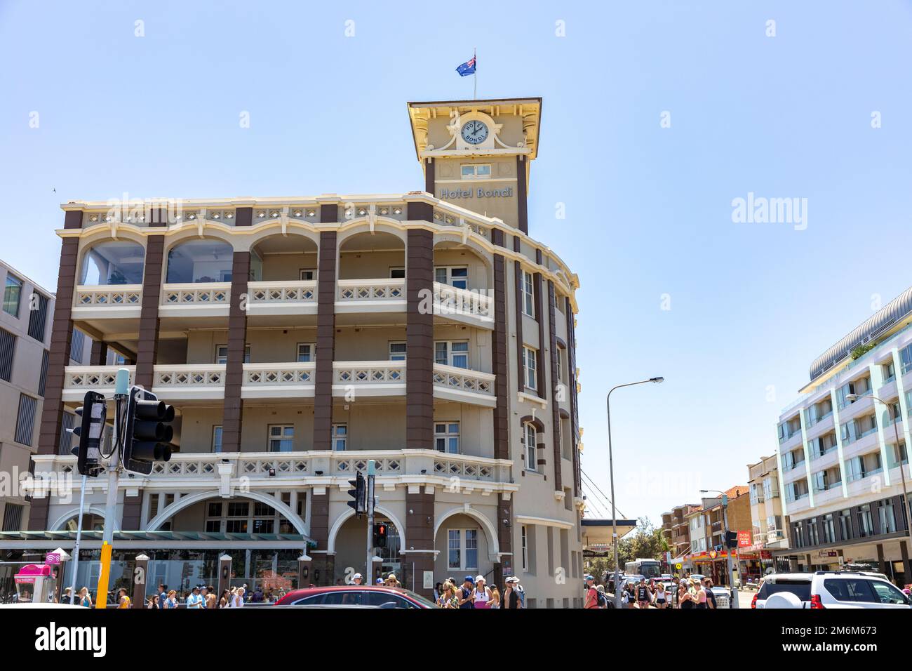 Hotel Bondi on campbell parade, with clocktower and australian flag ...