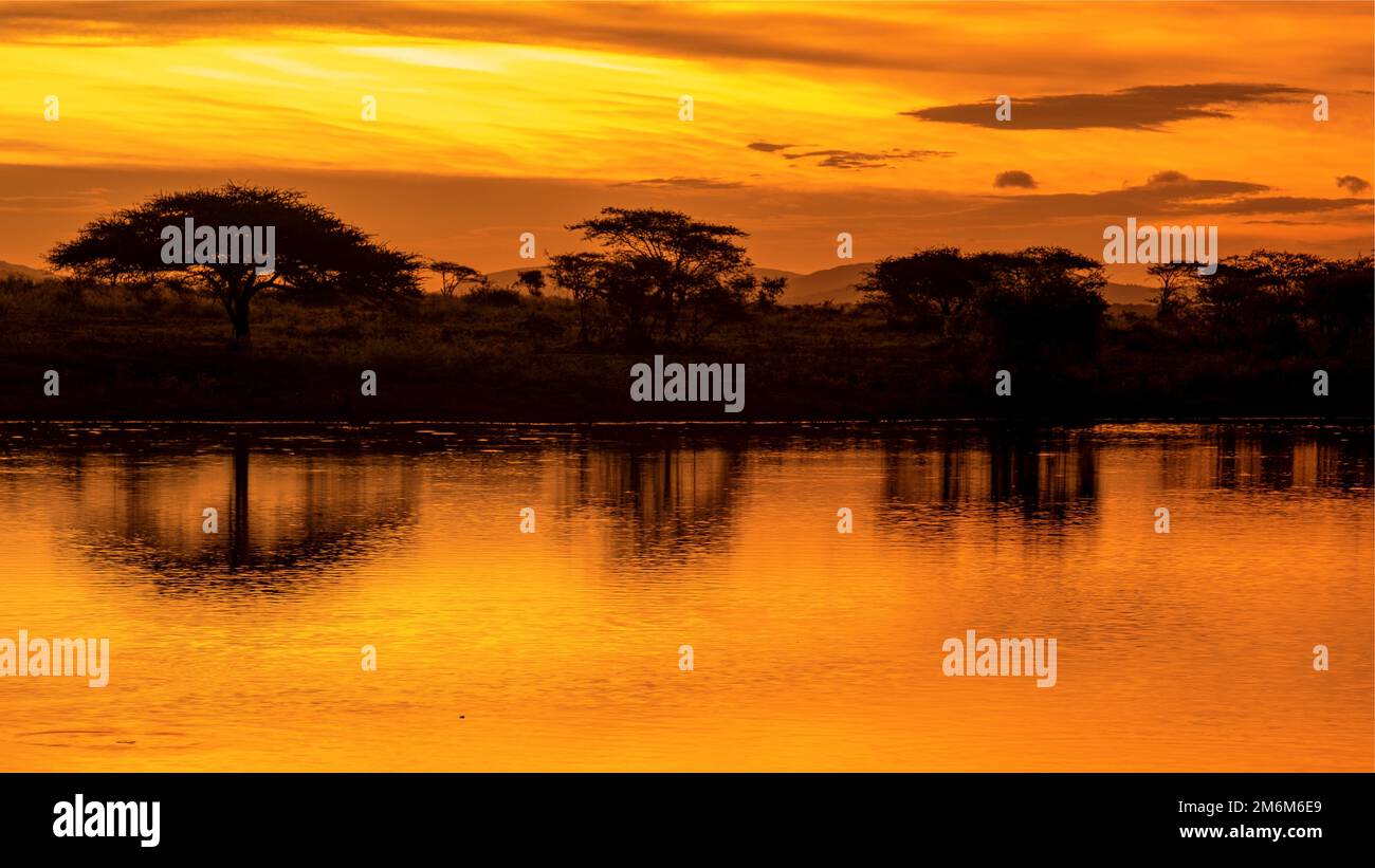 African sunset with a lake trees and mountains, sunset by a water lake ...