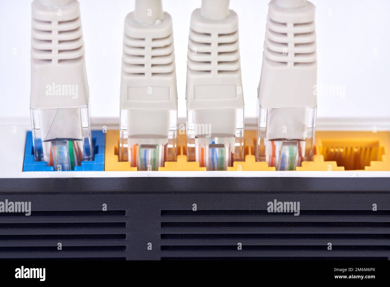 Internet cables into the router, wired and wireless connection Stock ...