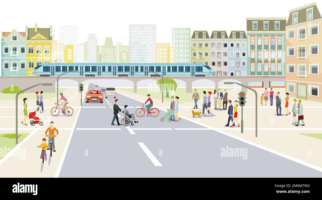 City silhouette with road traffic and pedestrians on the pedestrian ...