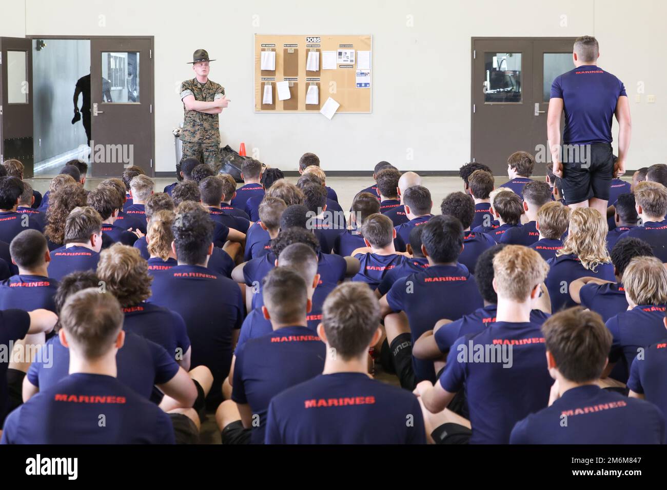 A poolee from U.S. Marine Corps Recruiting Station Baton Rouge asks Staff Sgt. Austin Pack, a ...