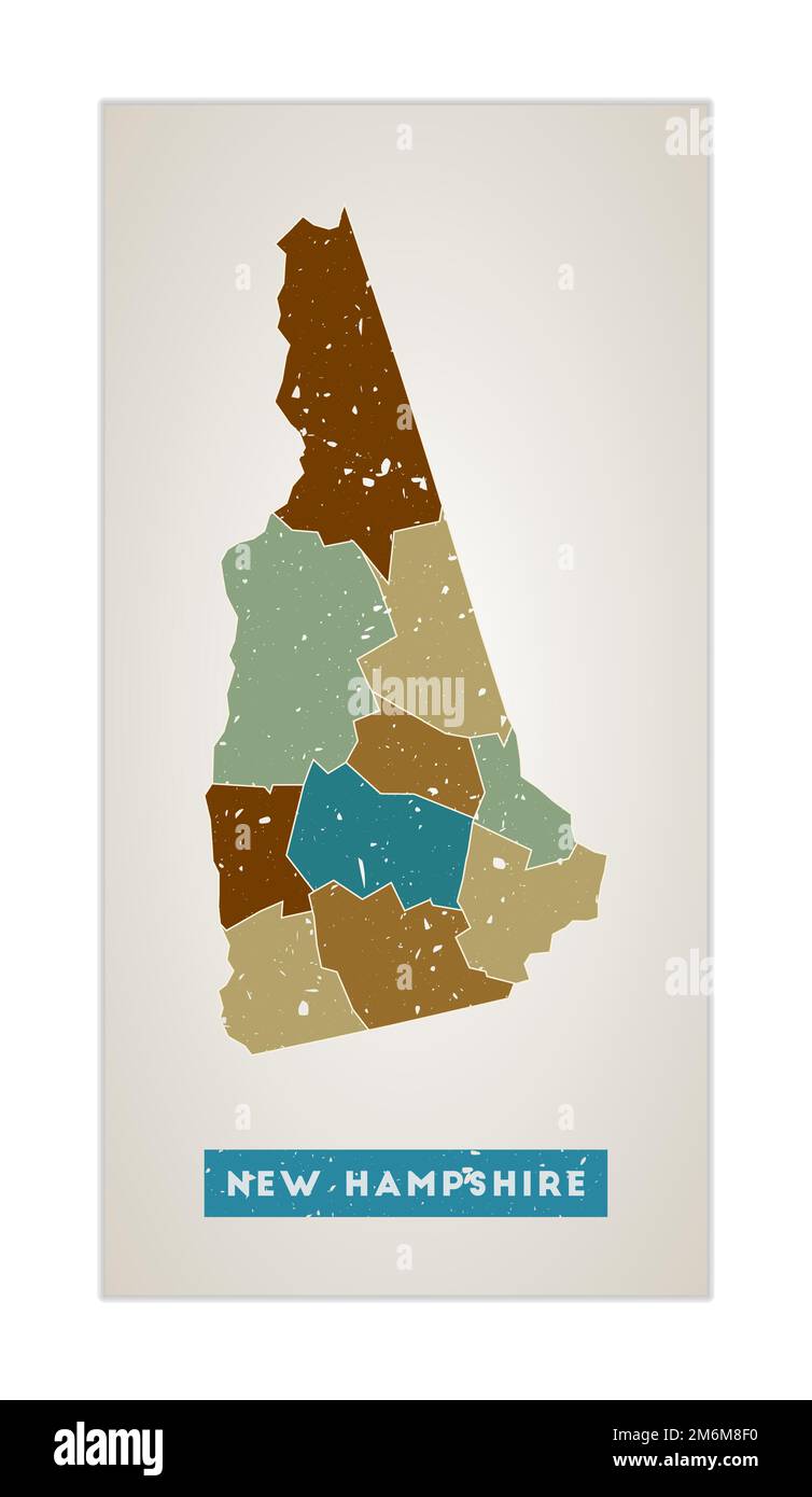New Hampshire map. Us state poster with regions. Old grunge texture ...
