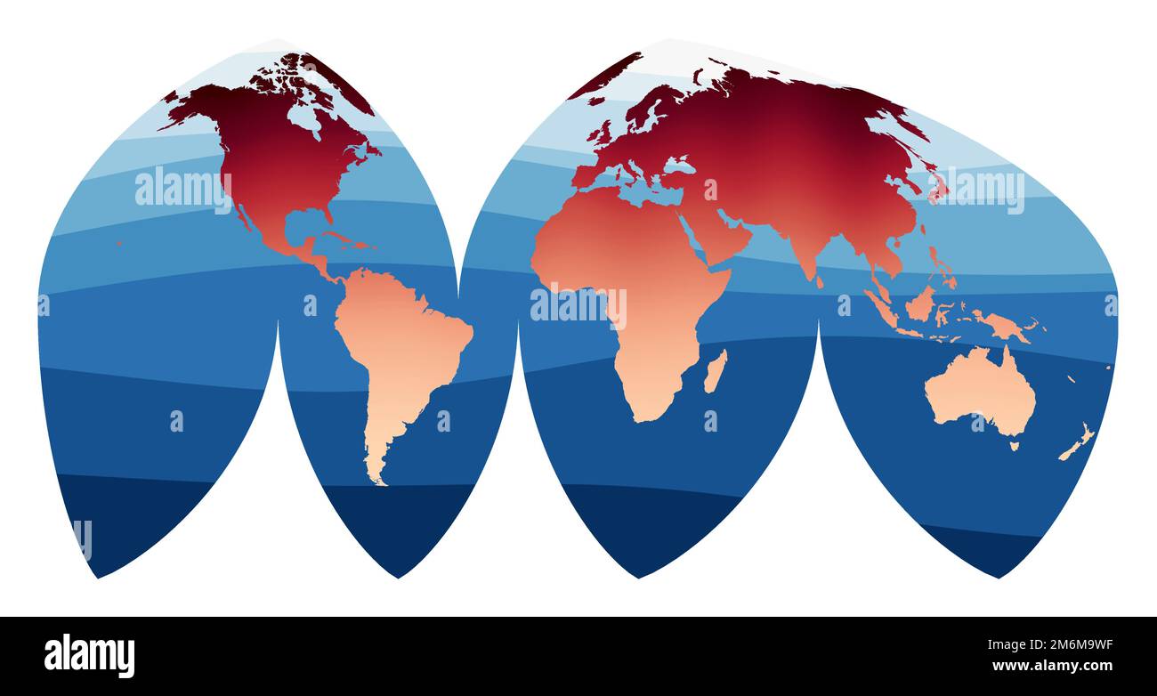 World Map Vector. Boggs' interrupted eumorphic projection. World in red ...
