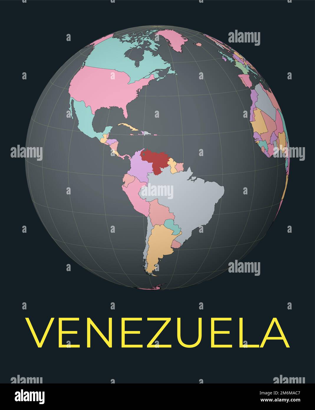 World map centered on Venezuela. Red country highlighted. Satellite ...