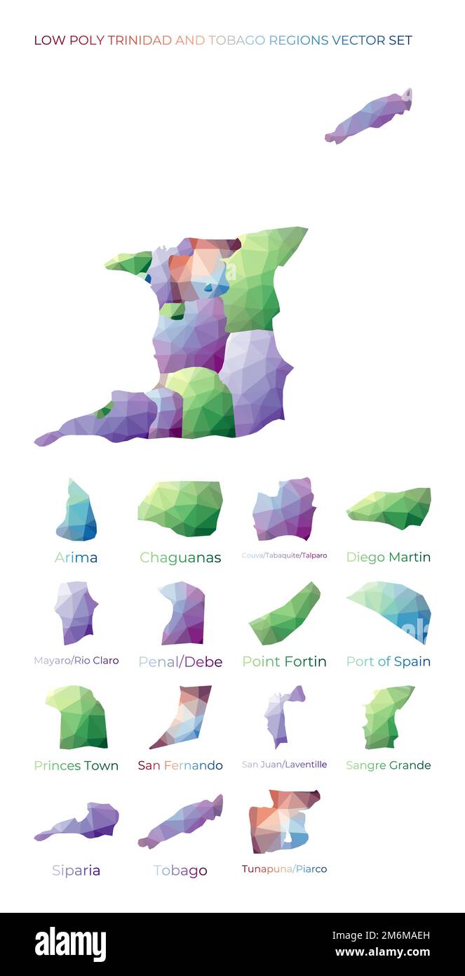 Trinidadian low poly regions. Polygonal map of Trinidad and Tobago with ...