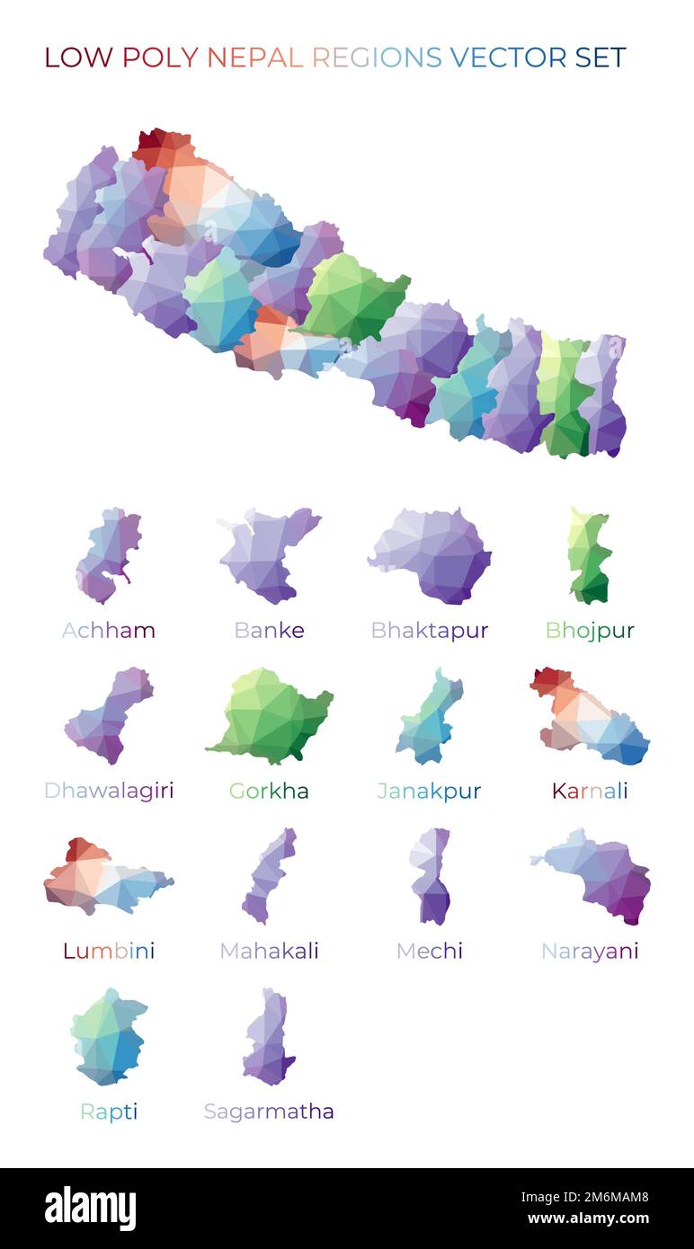 Nepalese low poly regions. Polygonal map of Nepal with regions ... Nepalese low poly regions. Polygonal map of Nepal with regions ...