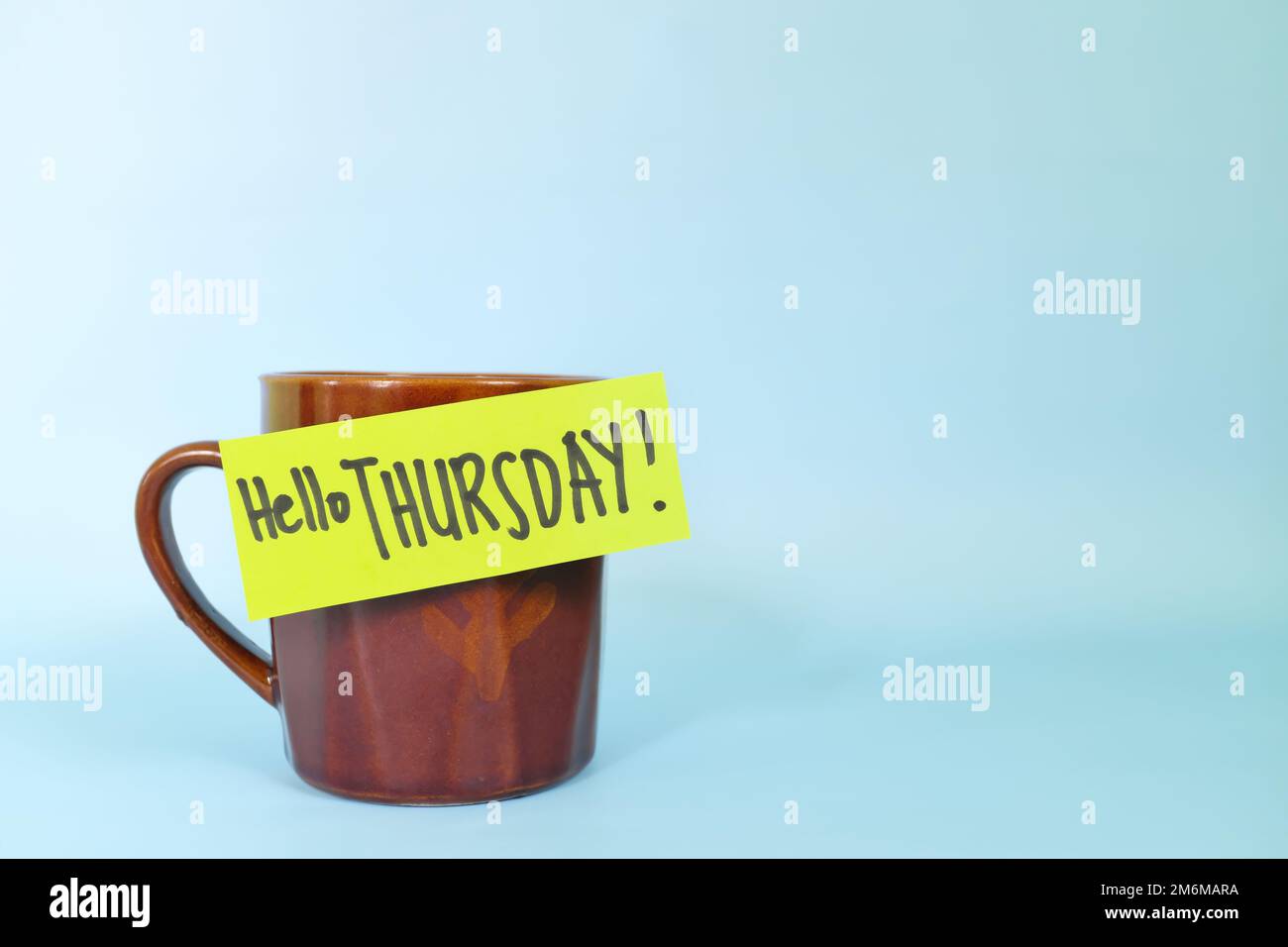 Welcome, hello and happy Thursday concept. Selective focus of coffee ...