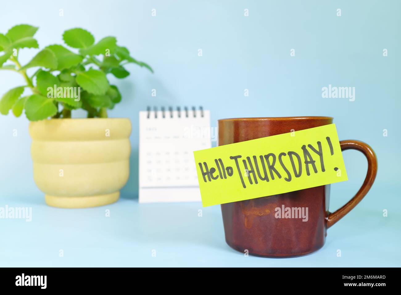 Welcome, hello and happy Thursday concept. Selective focus of coffee ...