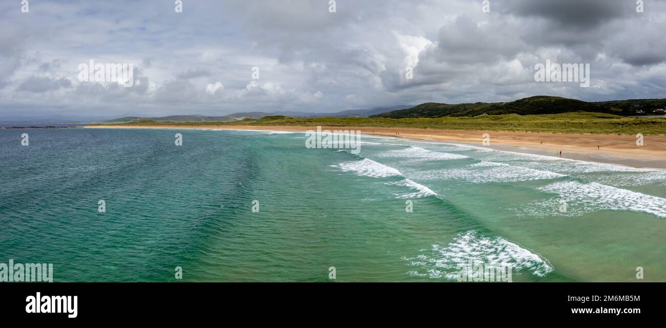 Panorama aerial view of the golden sand beach and turquoise waters of ...