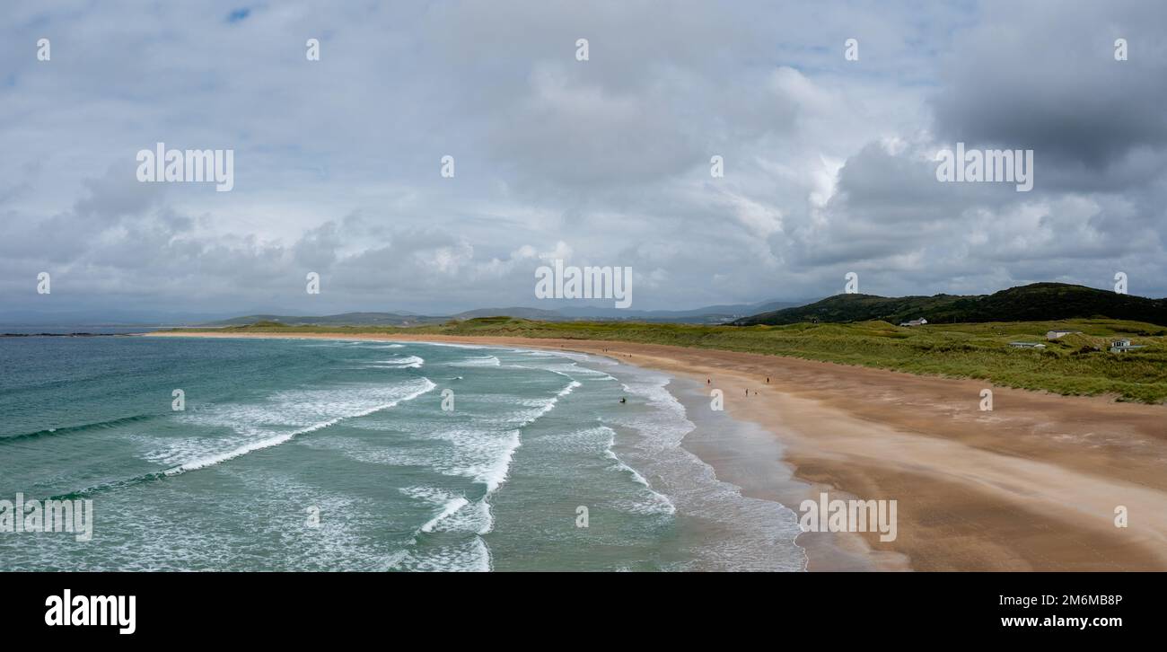 Panorama aerial view of the golden sand beach and turquoise waters of ...