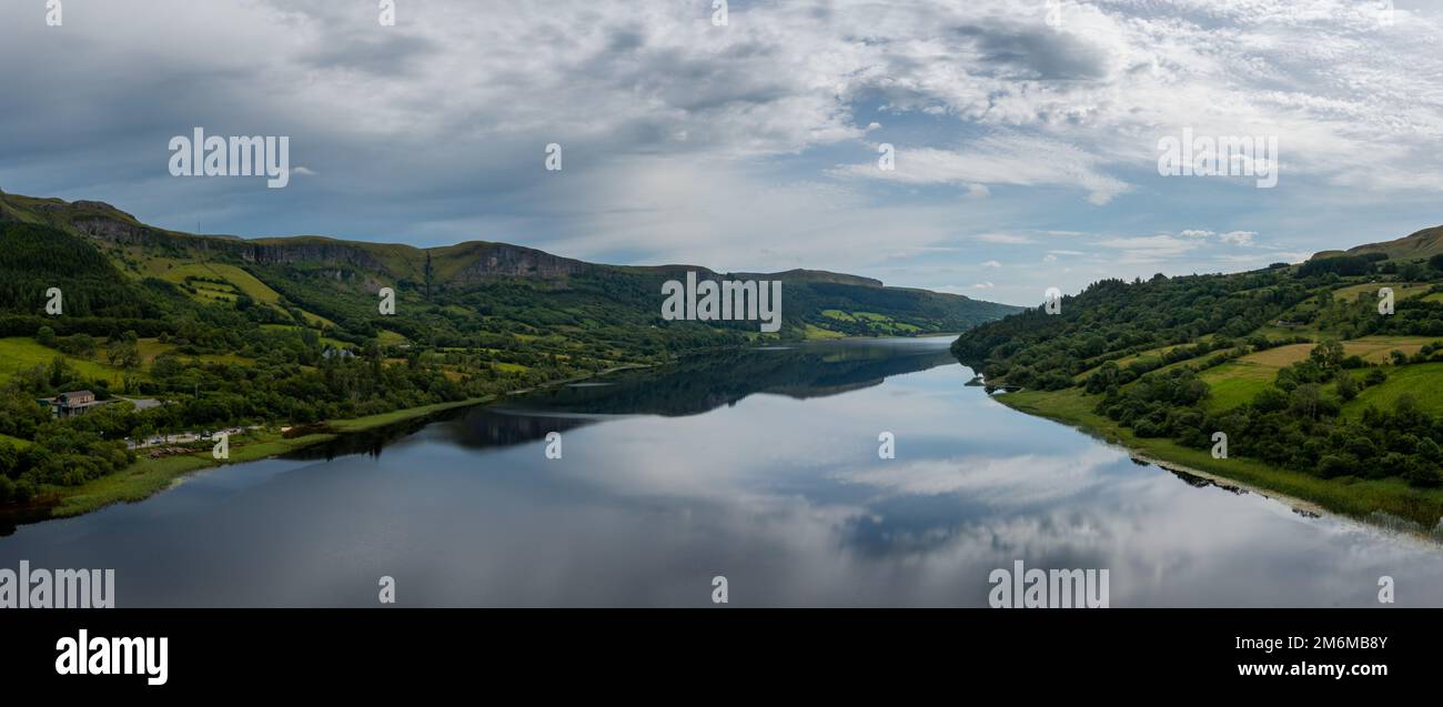 Panorama aerial landscape view of Glencar Lough in western Ireland ...