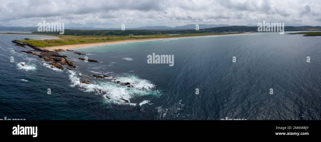 Panorama aerial view of the golden sand beach and turquoise waters of ...