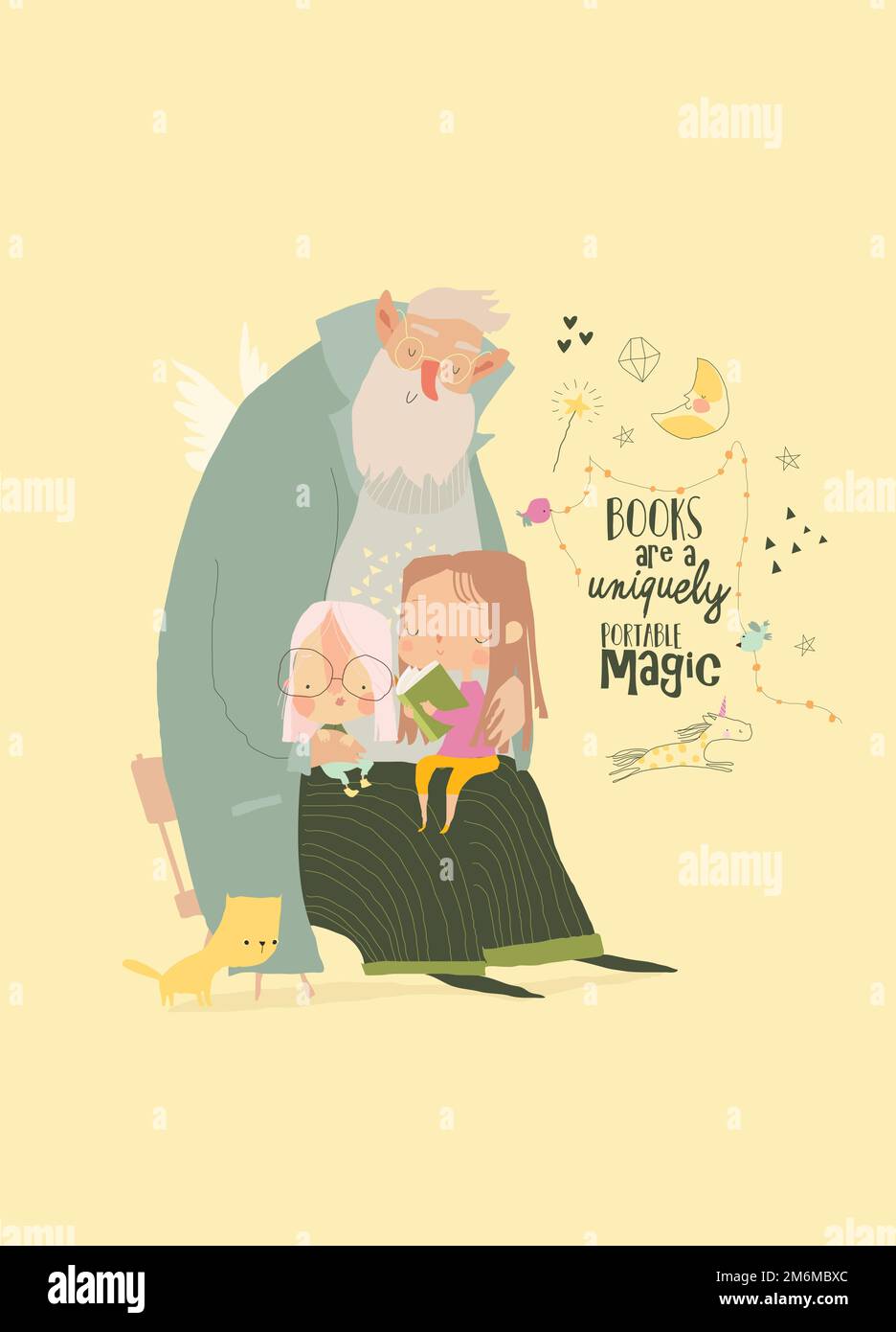 Illustration of Cartoon Grandfather With Kids Reading Book Stock Vector ...