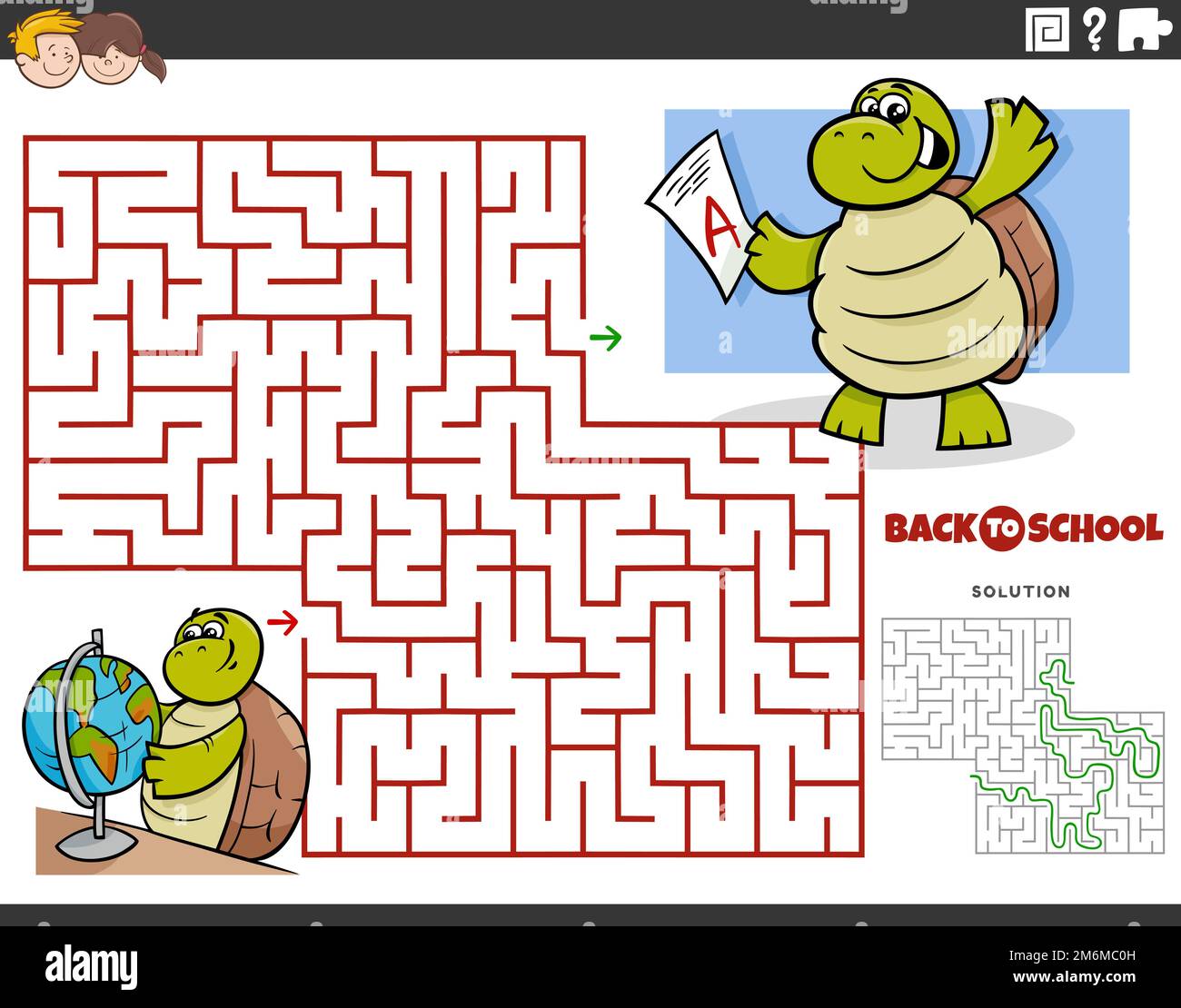 Maze with cartoon turtle studying for a geography test Stock Photo - Alamy
