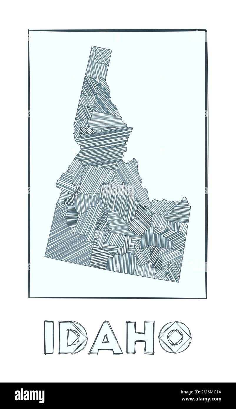 Sketch map of Idaho. Grayscale hand-drawn map of the US state. Filled ...