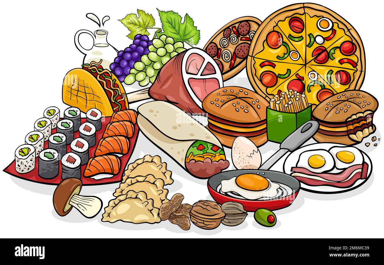 Food objects and dishes group cartoon illustration Stock Photo - Alamy