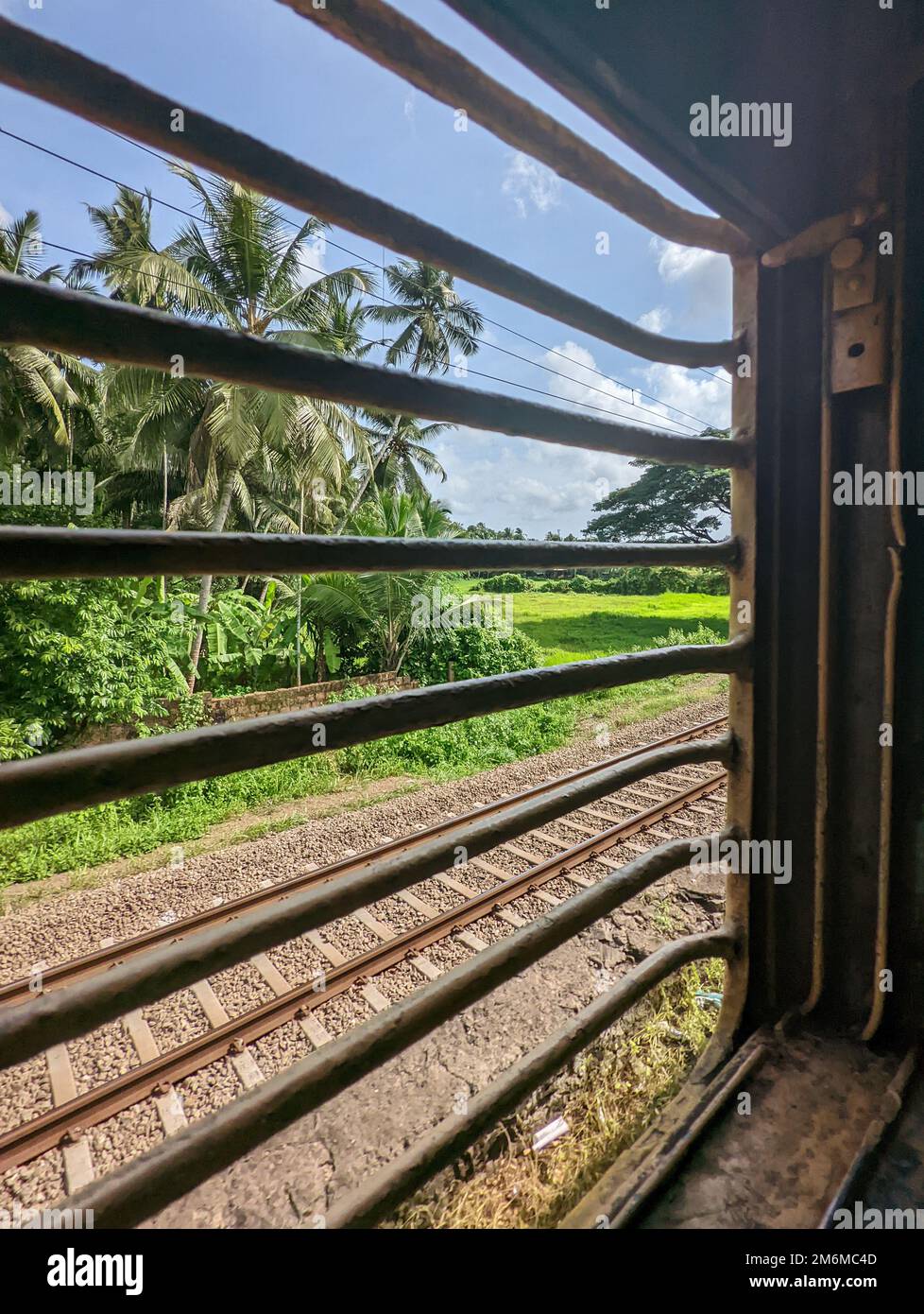 view of the nature through a train window while travelling along the ...