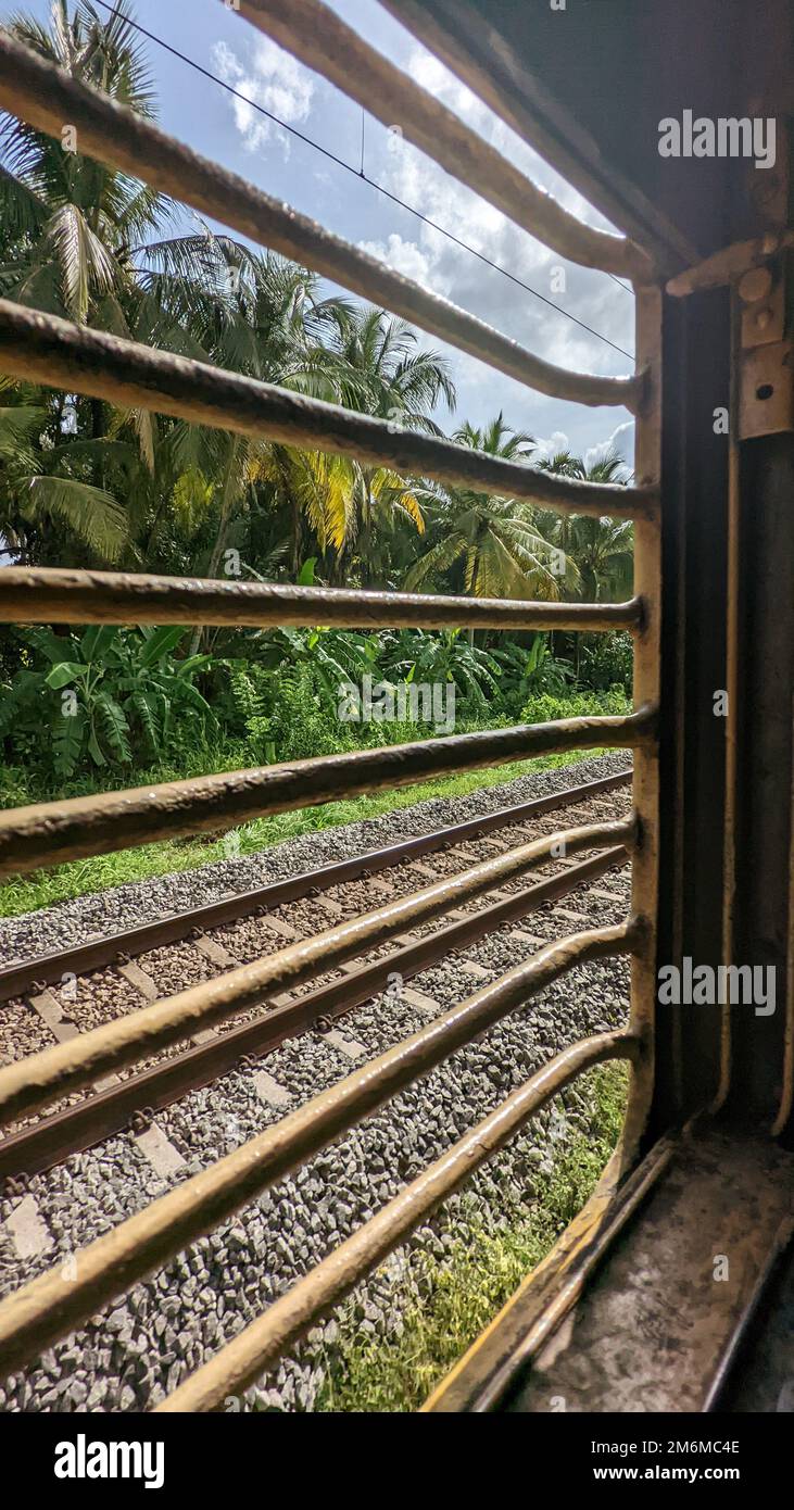 view of the nature through a train window while travelling along the ...