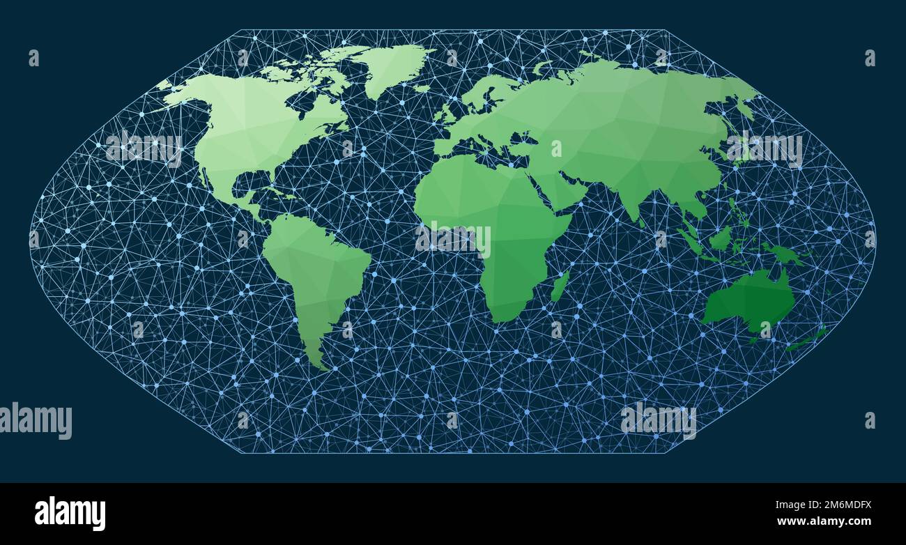 Abstract map of world network. Eckert 5 projection. Green low poly ...