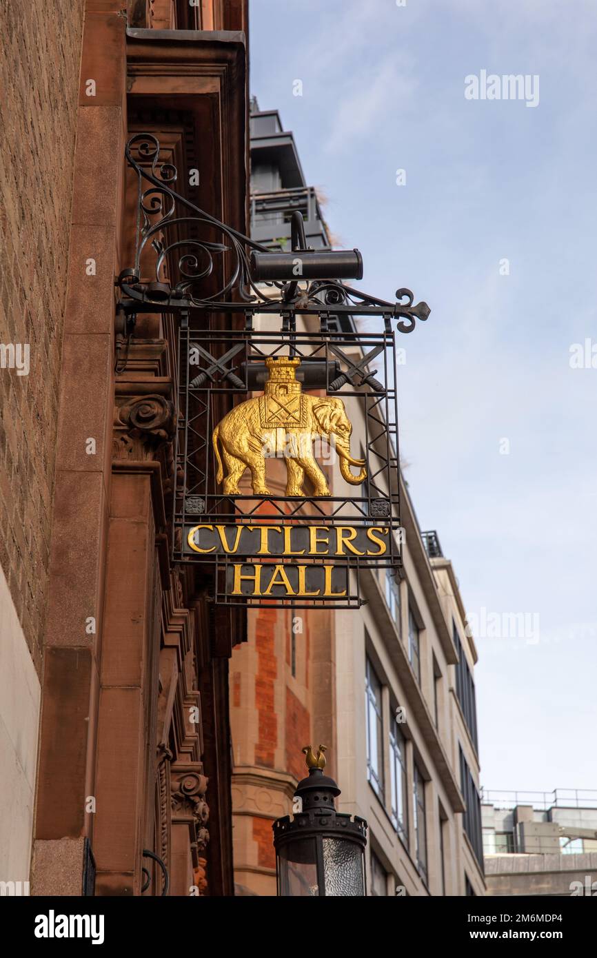 A vertical shot of the Cutlers' Hall sign. Home of the Worshipful Guild ...