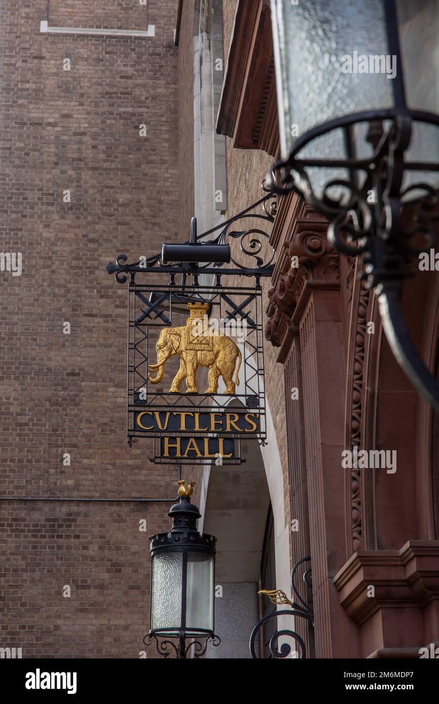 A vertical shot of the Cutlers' Hall sign. Home of the Worshipful Guild ...