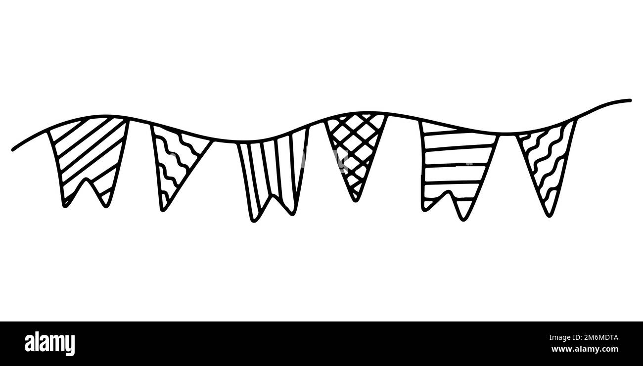Garland of flags in hand drawn doodle style illustration. Vector. Holiday decoration. Contour ...