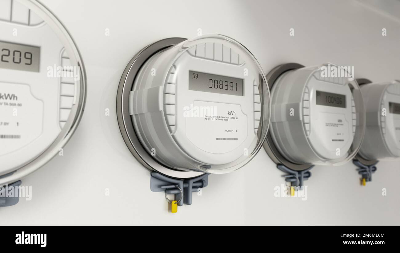 Row of electricity meters on the wall. 3D illustration Stock Photo - Alamy