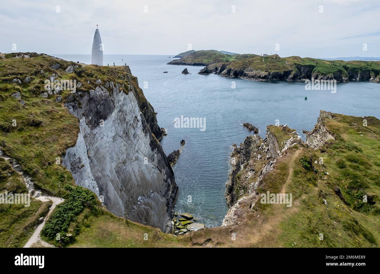 Drone aerial of Baltimore Beacon, a white tower at the entrance of the ...
