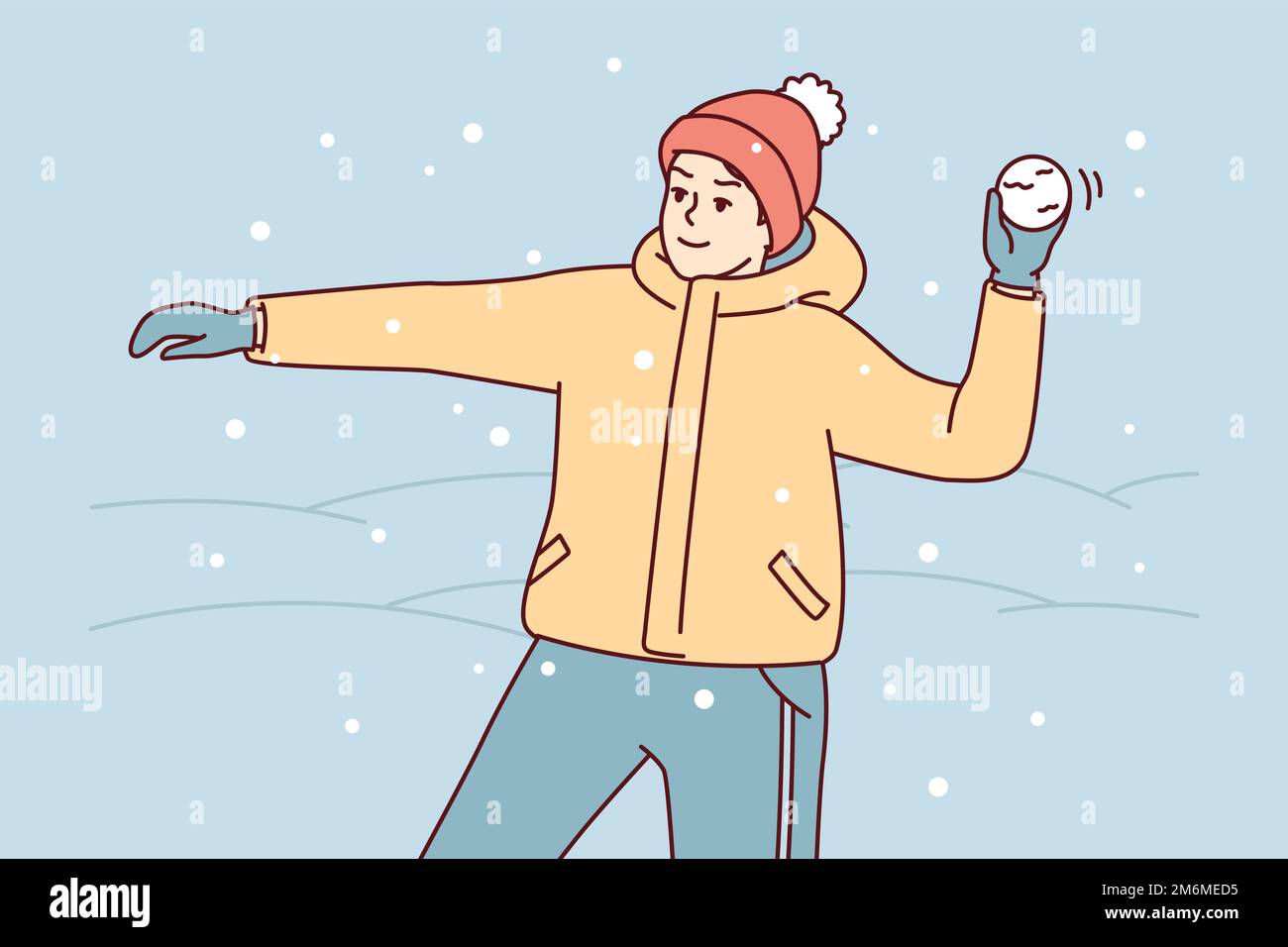 Teenage boy in winter clothes and hat plays snowballs throws snow at ...