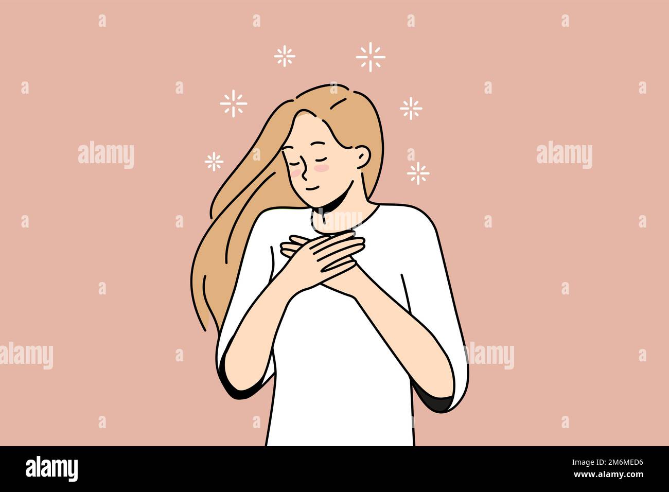 Happy young woman hold hands at chest feel grateful and thankful ...