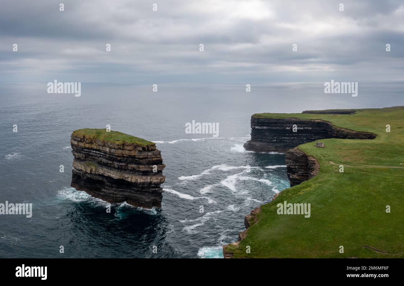 Aerial view of the Downpatrick Head sea stack and cliffs and coastline ...