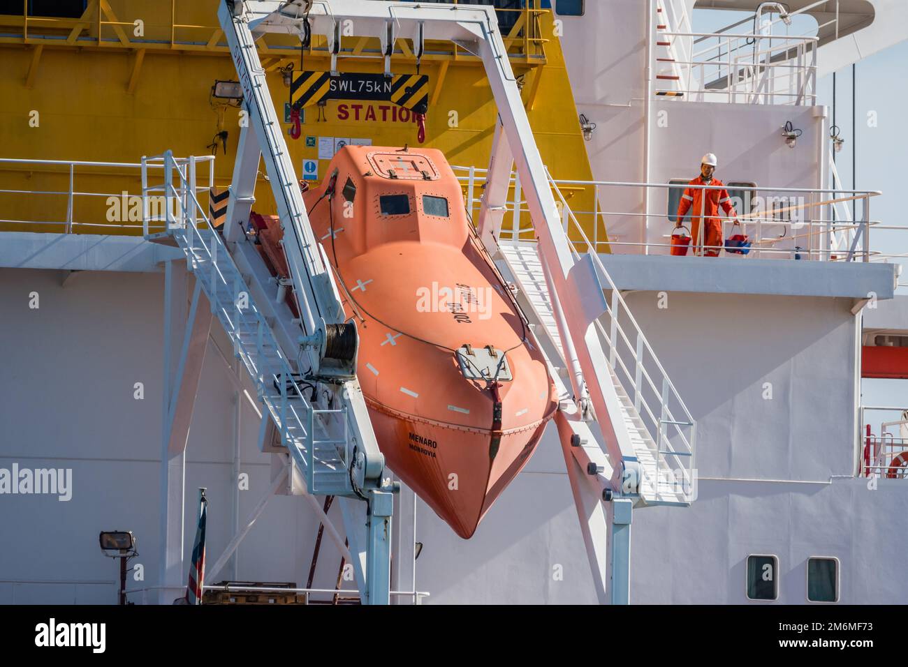 emergency safety rescue boat on deck, Tarragona, Catalonia, Spain Stock ...