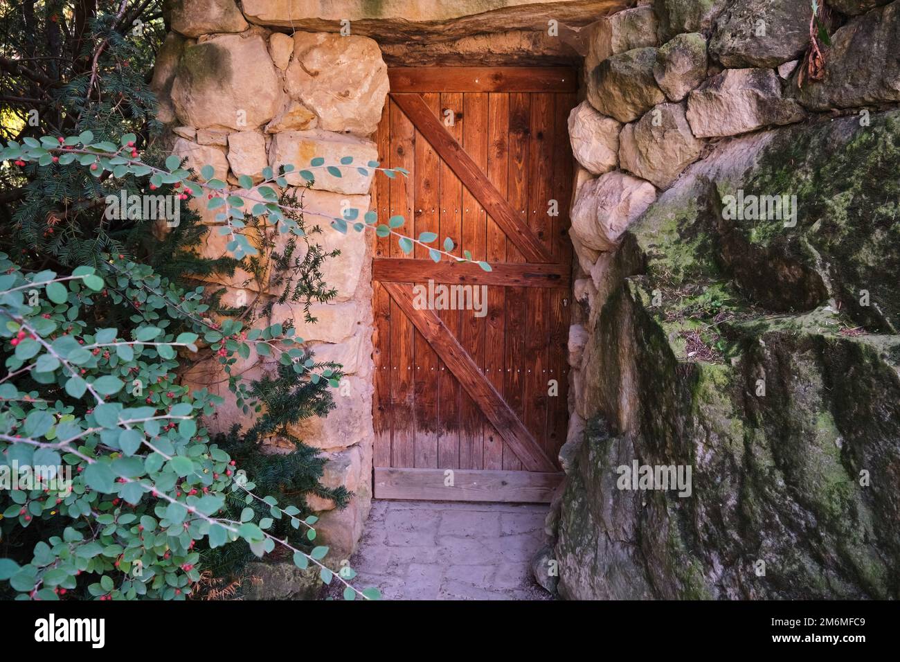 Old brown wood entrance door over rustic cliff rock wall Ancient stone ...
