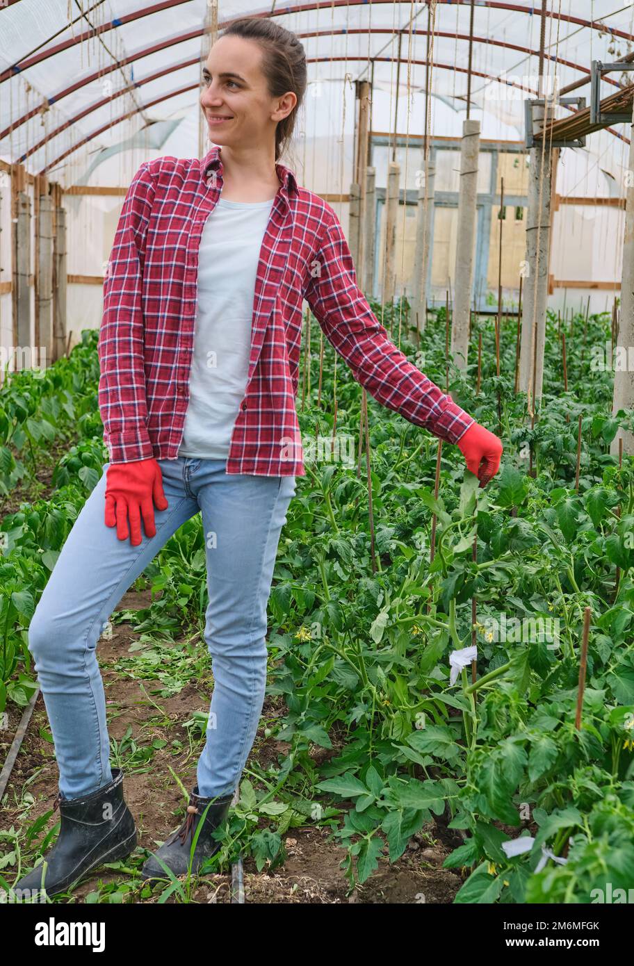 cute smiling happy women plant nursery worker with red Work Gloves in ...