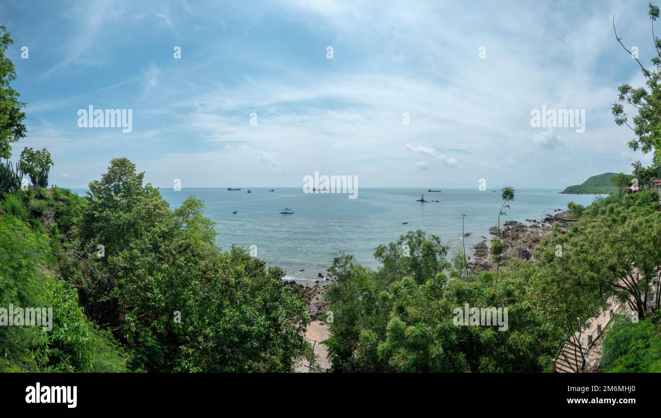 The sea and the bright sky Looking from the top of the mountain through ...