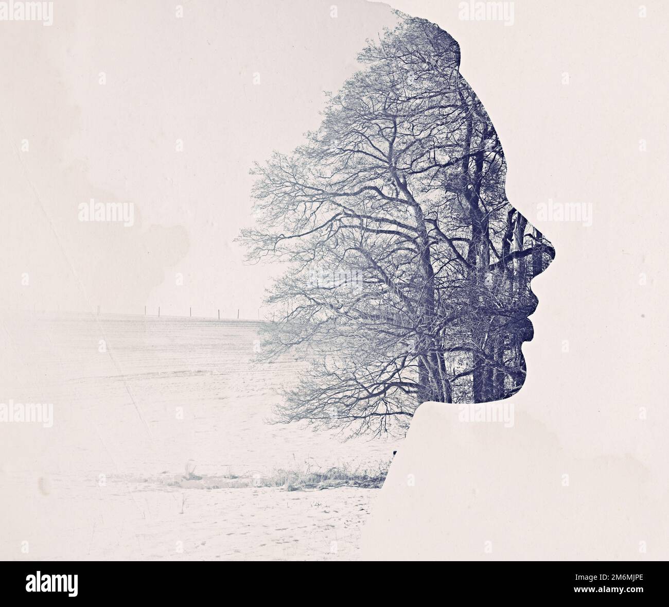 Mother nature. Image of a winter landscape superimposed on a womans ...