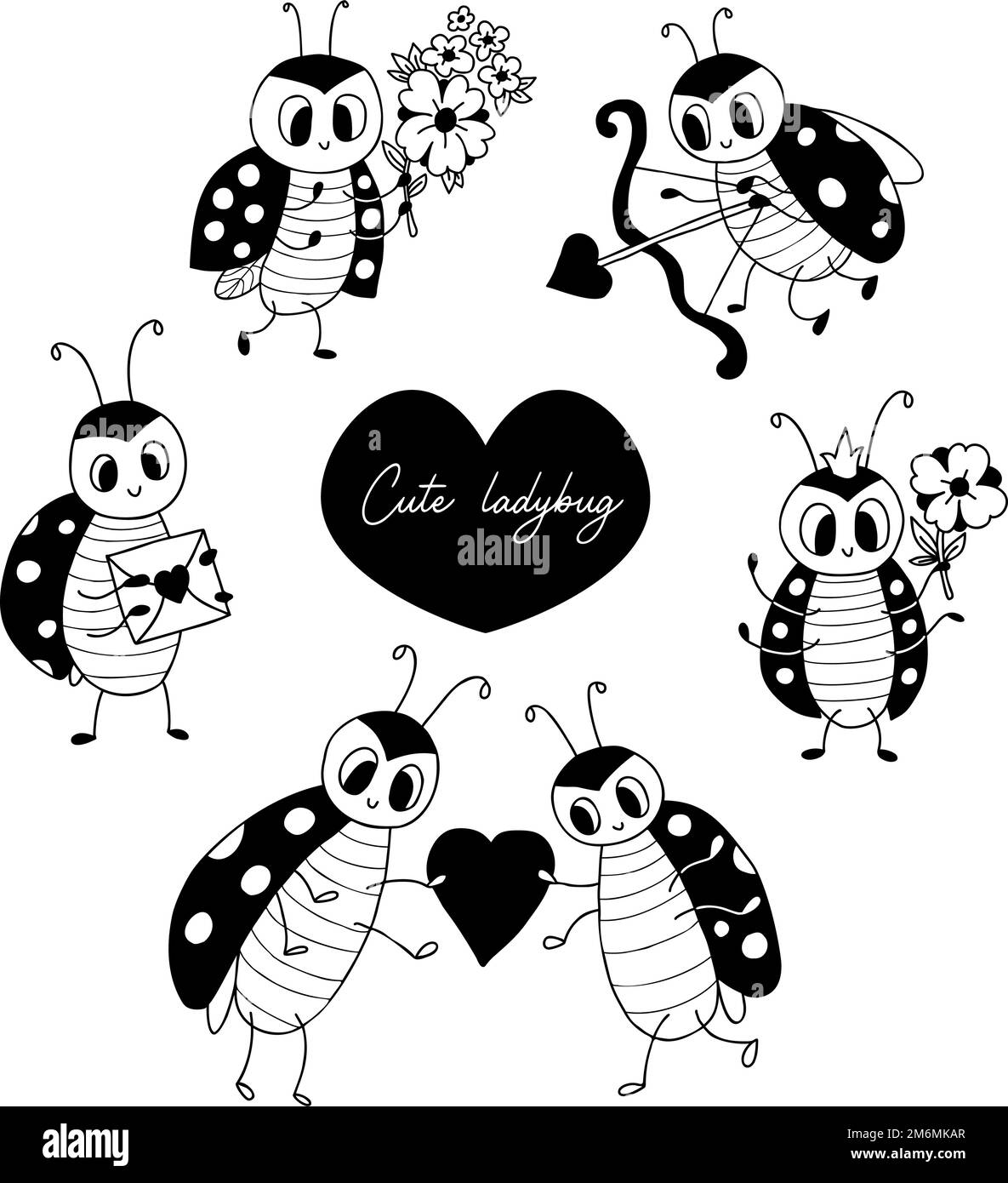 Collection cute ladybugs. loving pair insects with heart, with bouquet ...