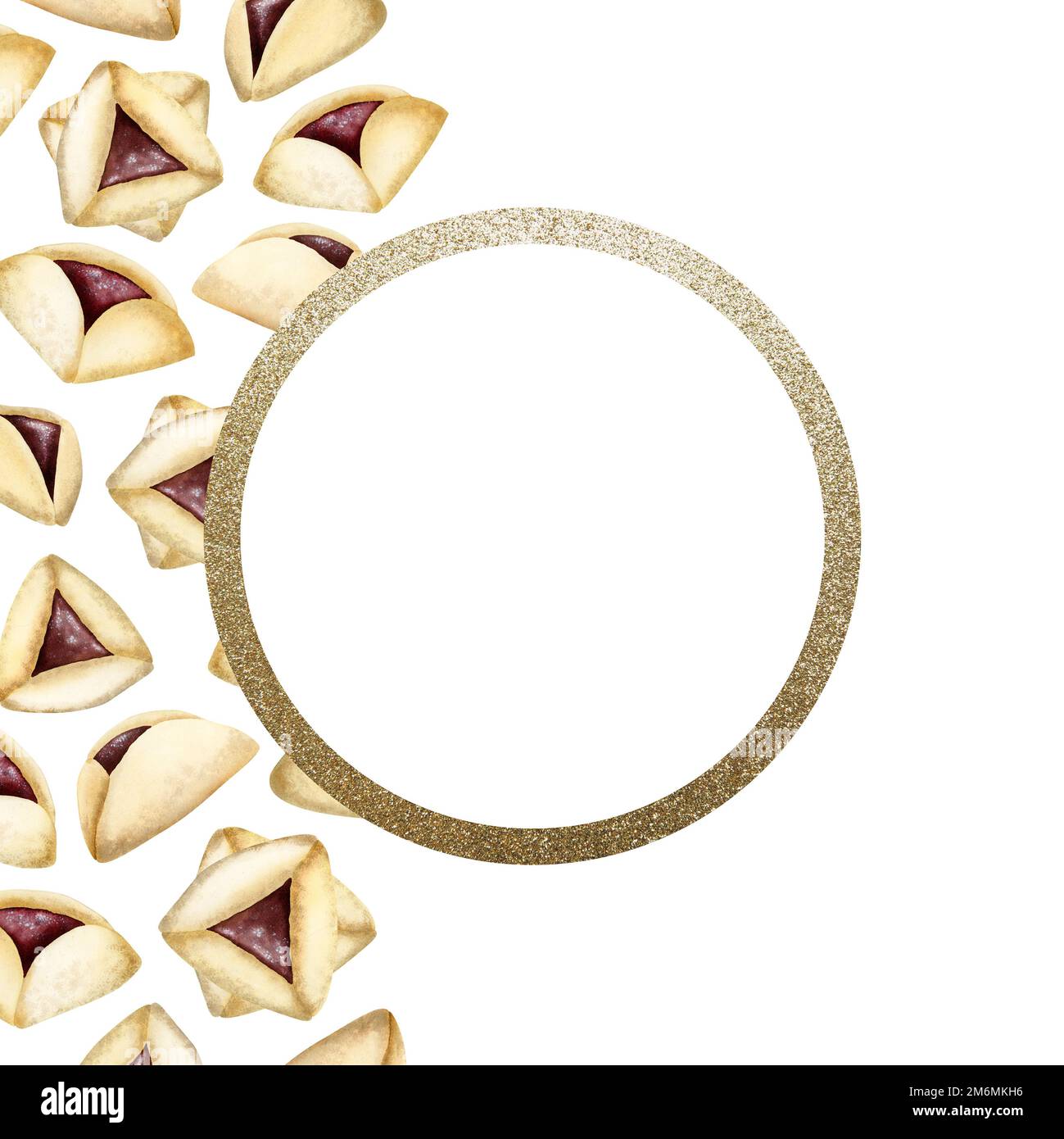 Hand drawn watercolor illustration of Purim cookies border with gold ...