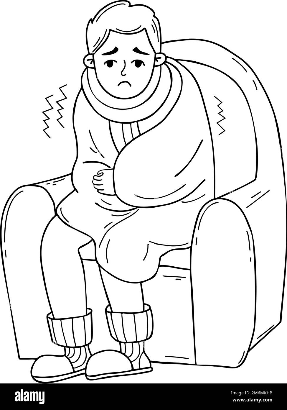 Frozen, sick guy, wrapped in blanket, sits in chair and trembles ...