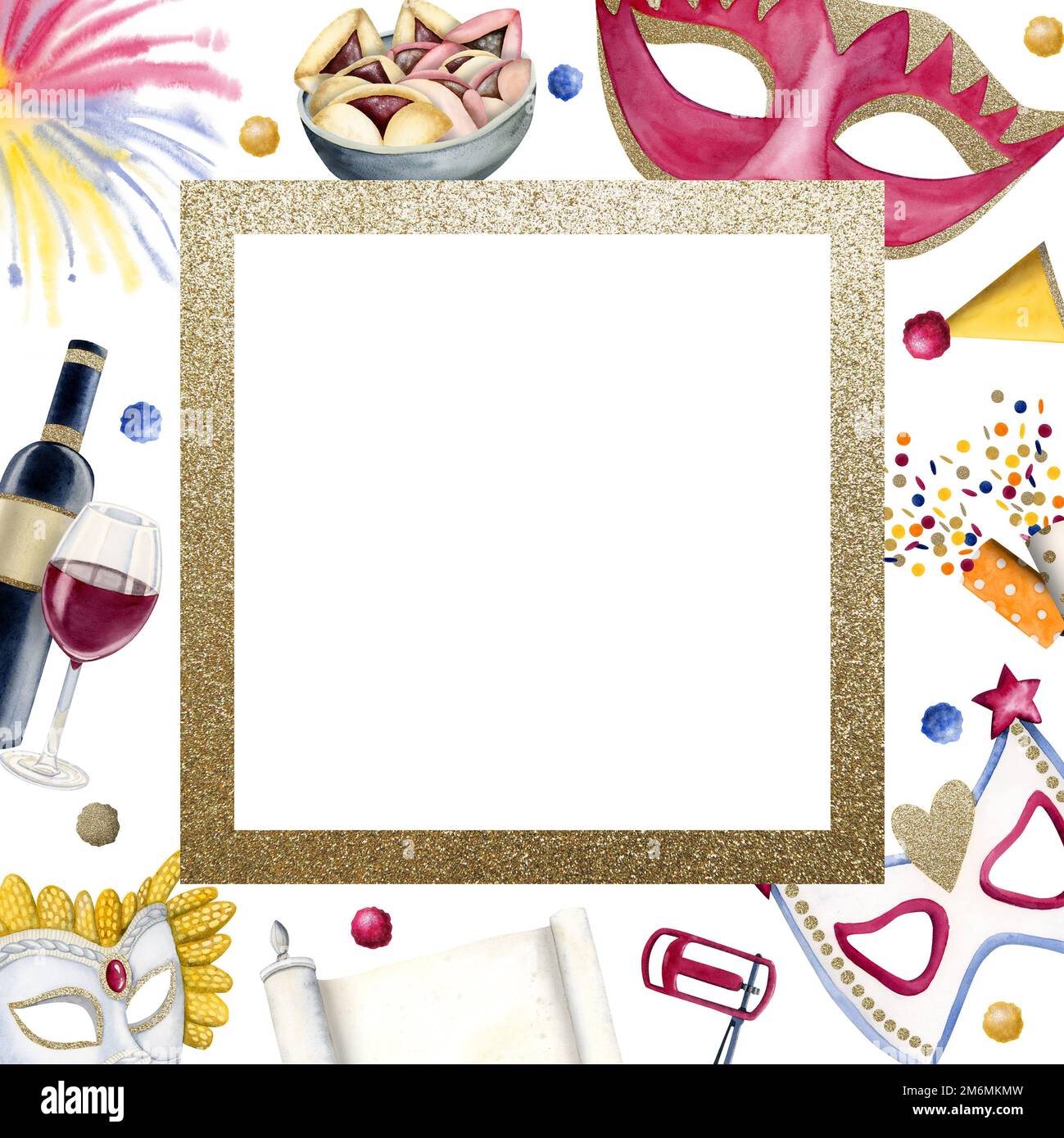 Square Purim frame design template for Jewish holiday. Traditional ...