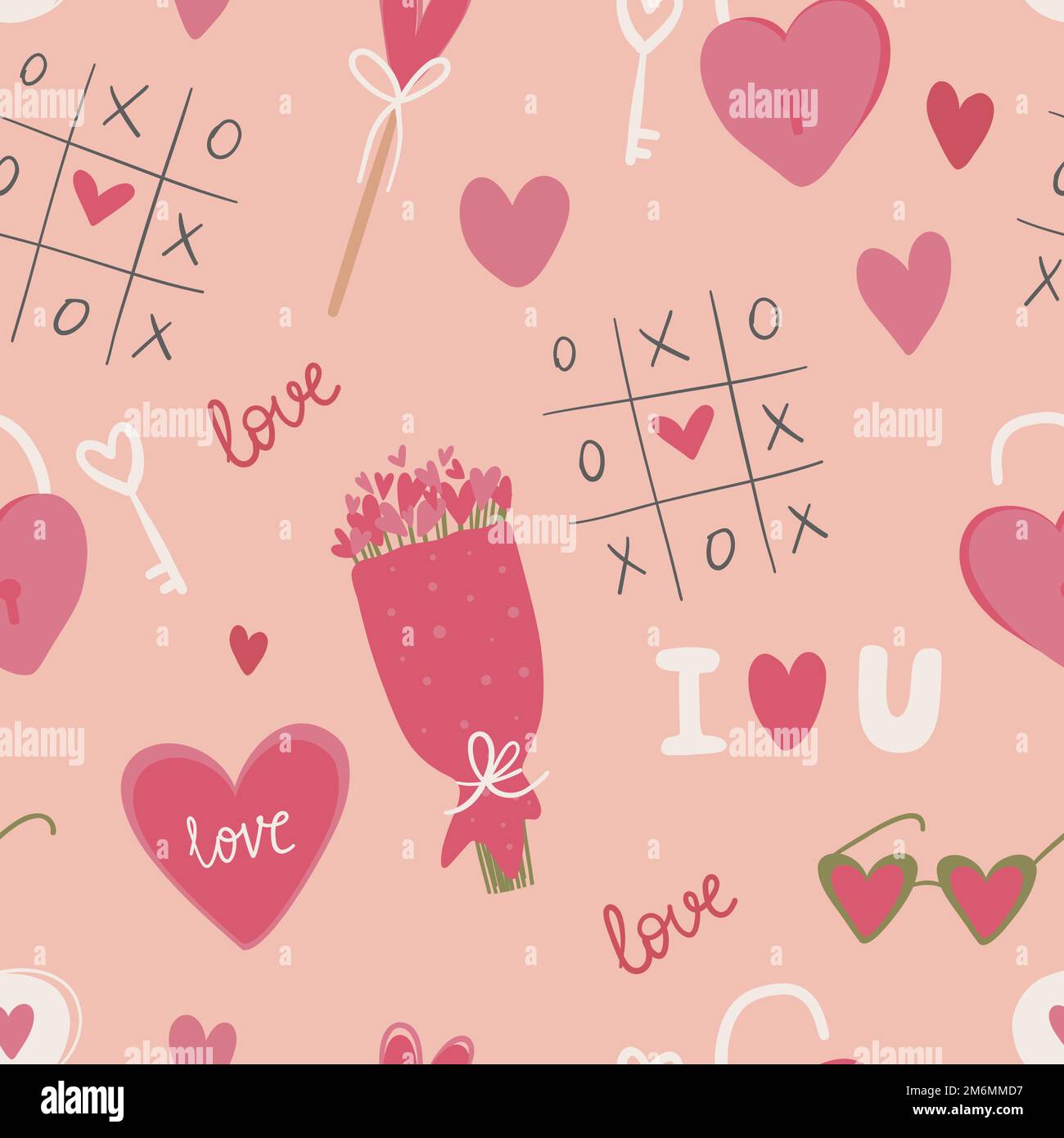 Seamless pattern with red hearts, declarations of love and more ...