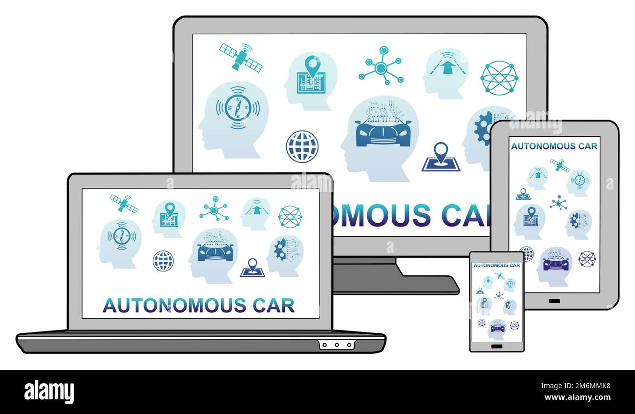 Autonomous car concept on different devices, isolated on white Stock ...